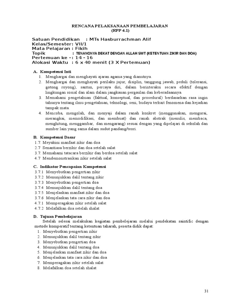 RPP Fiqih Kls 7 No 4.1 | PDF