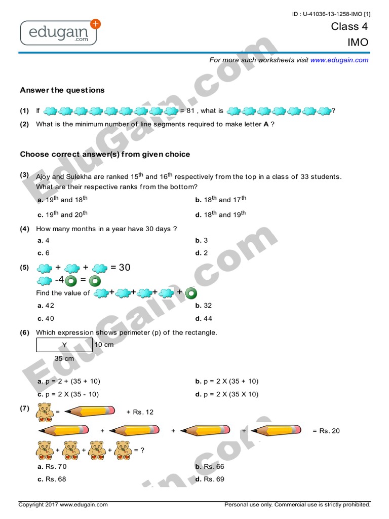 Class 4 IMO: Answer The Questions | PDF | Teaching Mathematics