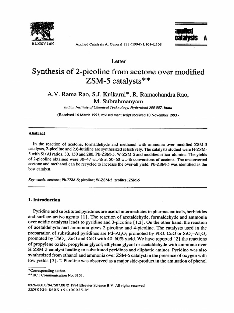 Synthesis of 2-Picoline From Acetone Over Modified ZSM-5 Catalysts ...