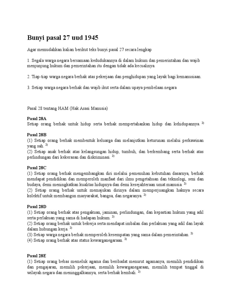 Bunyi Pasal 27 UUD 1945 Lengkap | PDF | Politik