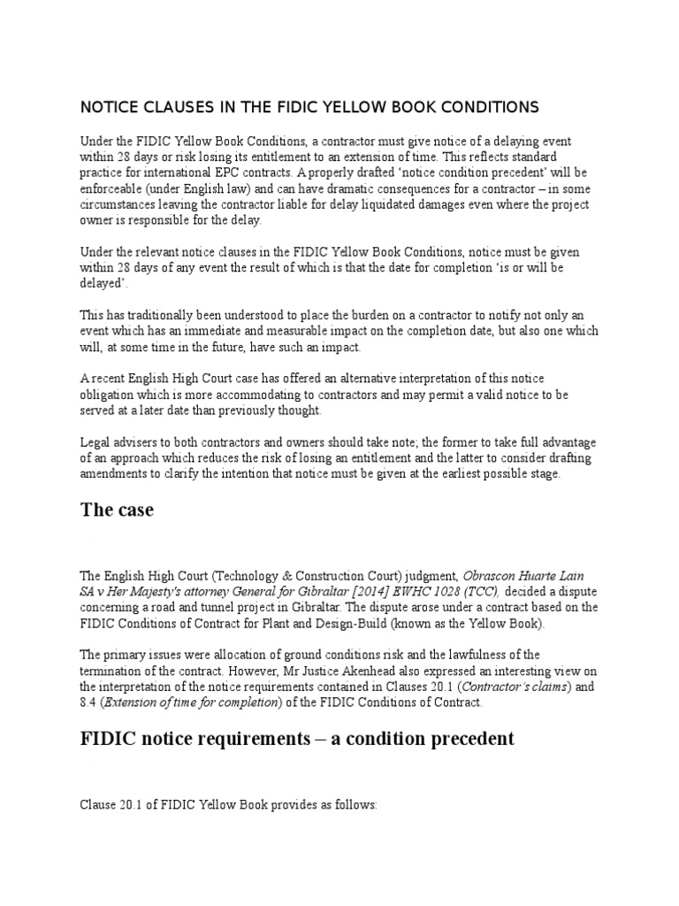 Notice Clauses in The Fidic Yellow Book Conditions | PDF | Finance ...