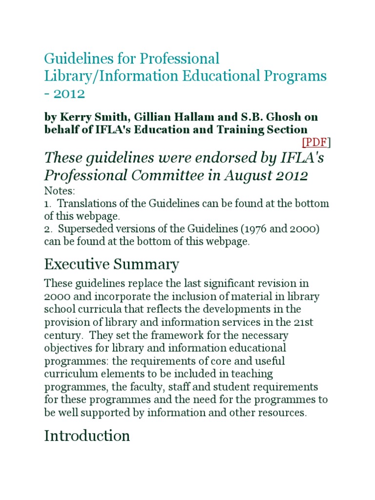 Guidelines for Professional Library | Curriculum | Libraries | Free 30 ...