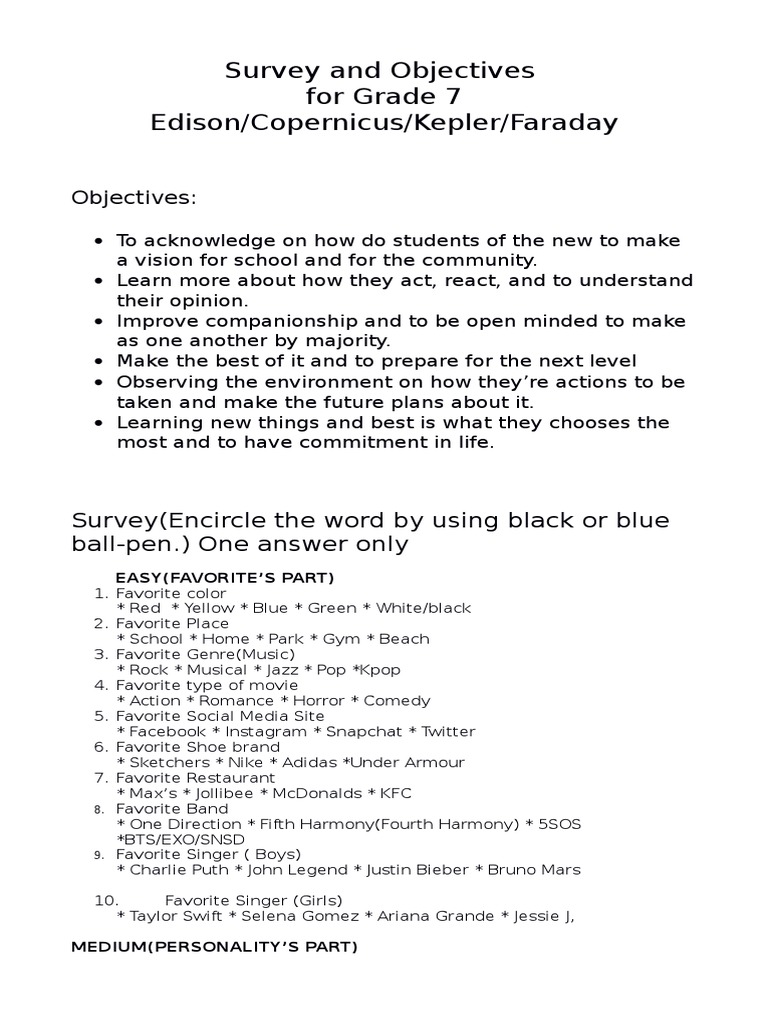 Grade 7 Student Survey Objectives | PDF