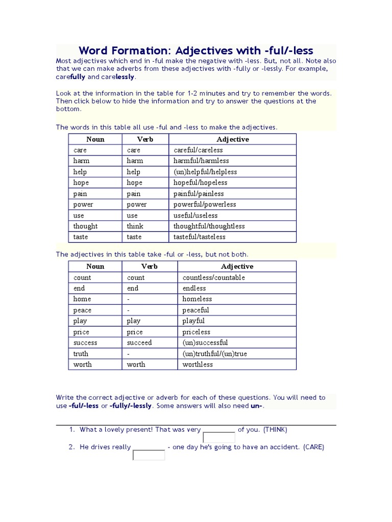 Word Formation Ful Less | PDF | Adjective | Adverb