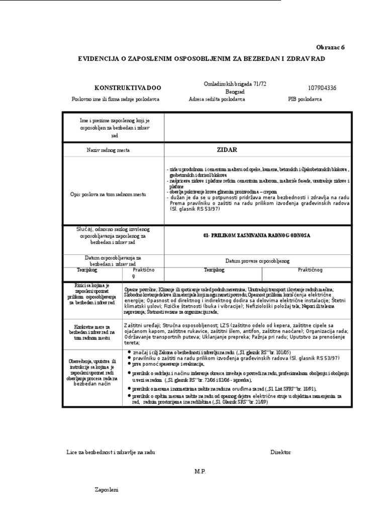 Obrazac 6 ZIDAR | PDF