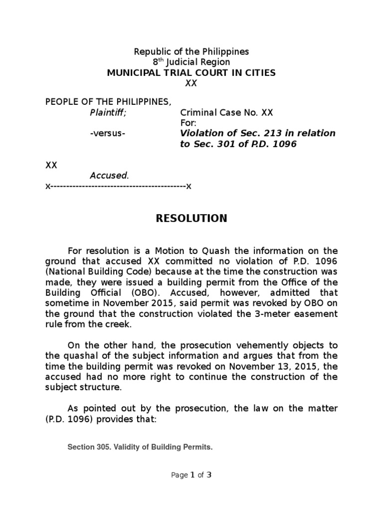 Reso On Motion To Quash PD 1096 | PDF | Prosecutor | Government Information