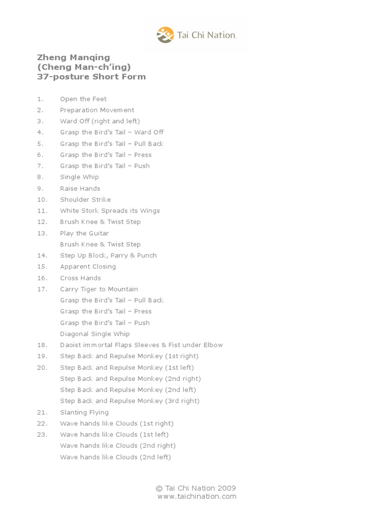 Zheng Manqing (Cheng Man-Ch'ing) 37-Posture Short Form: © Tai Chi Nation 2009 | PDF | Language ...