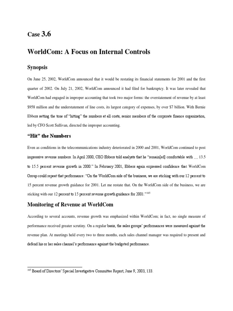 Worldcom: A Focus On Internal Controls: Synopsis | PDF