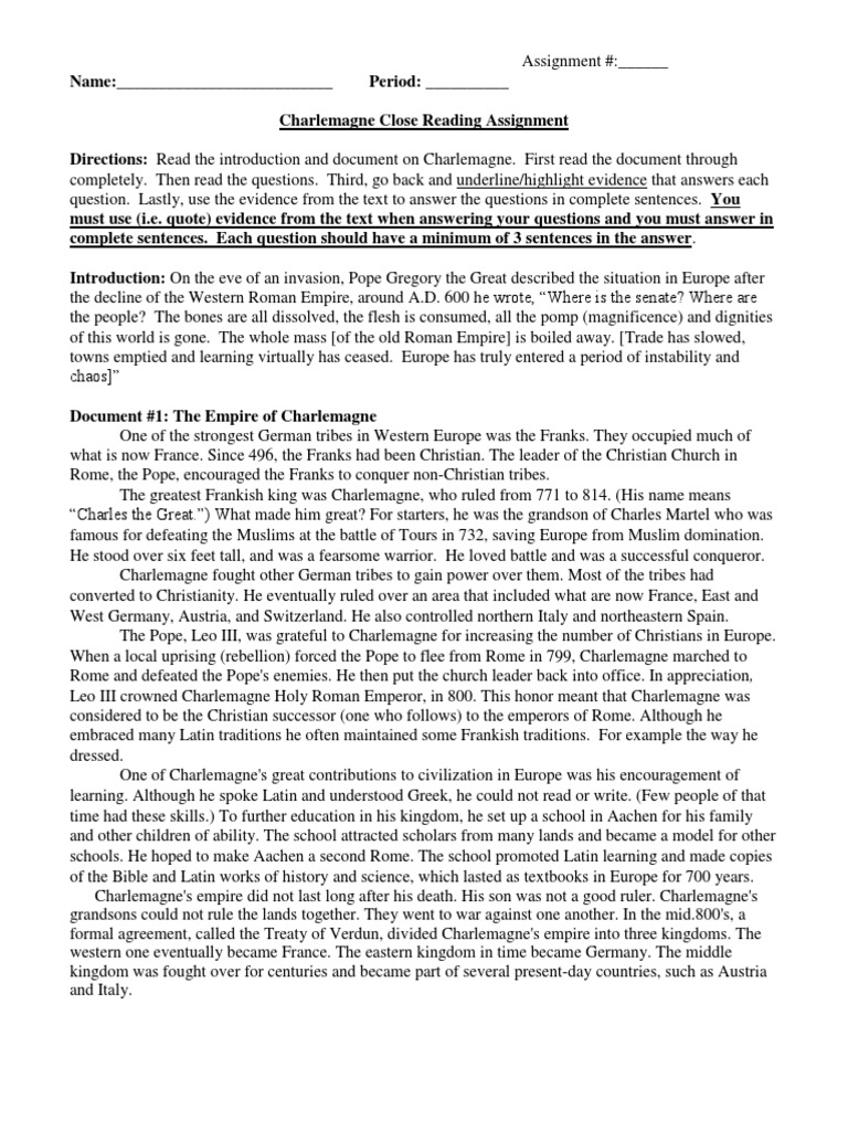 Charlemagne Close Reading Assignment | PDF | Charlemagne | Franks