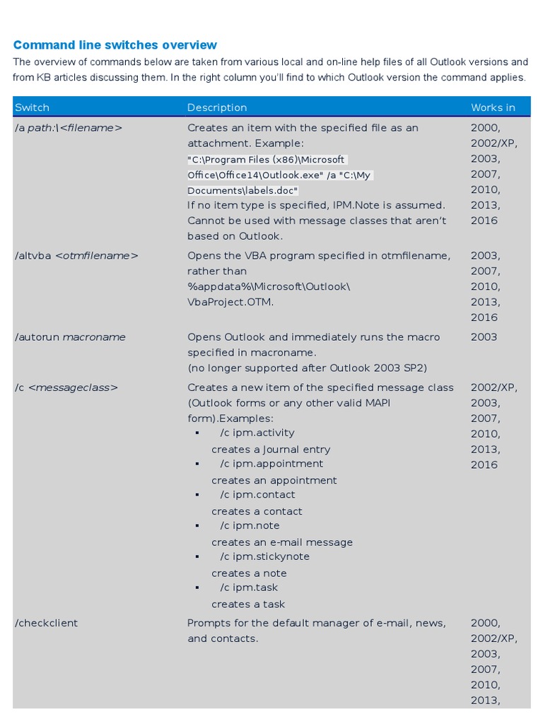 Outlook Command Line Switches Overview | Download Free PDF | Microsoft ...