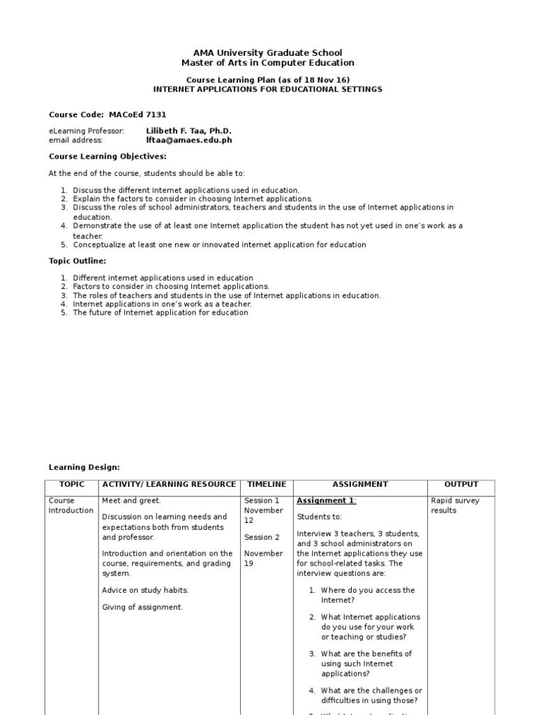 MACoEd 7131 Course Learning Plan | PDF | Internet | Learning
