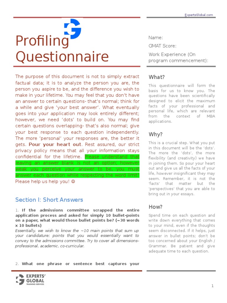 Profiling Questionnaire v17.3 | Download Free PDF | Master Of Business ...