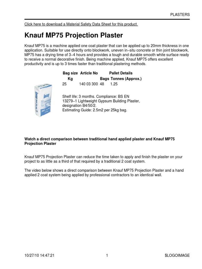 Knauf MP75 Projection Plaster: Bag Size Article No Pallet Details KG ...