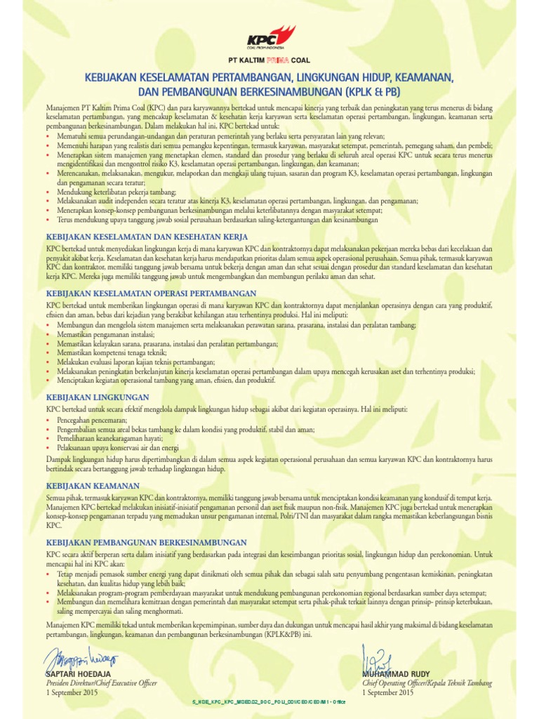 Kebijakan Keselamatan Pertambangan Lingkungan Hidup Keamanan Dan ...