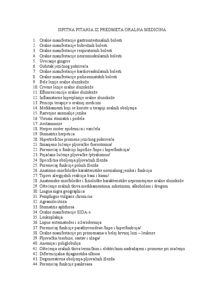 Ispitna Pitanja Iz Predmeta Oralna Medicina PDF | PDF