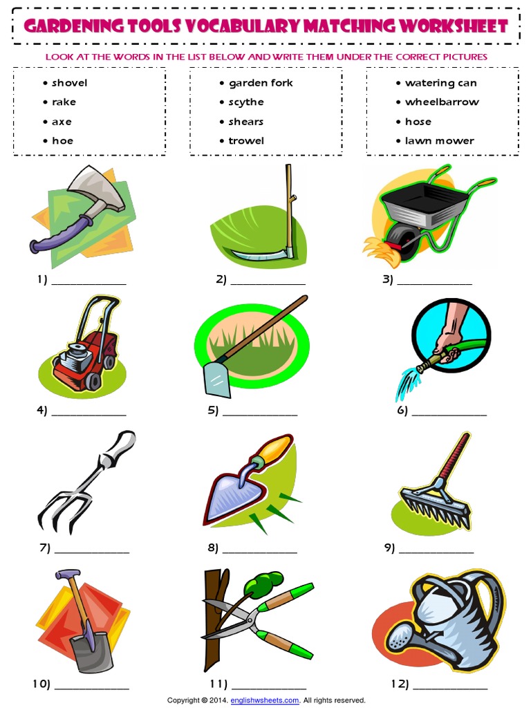 Gardening Tools Esl Vocabulary Matching Exercise Worksheet PDF | PDF
