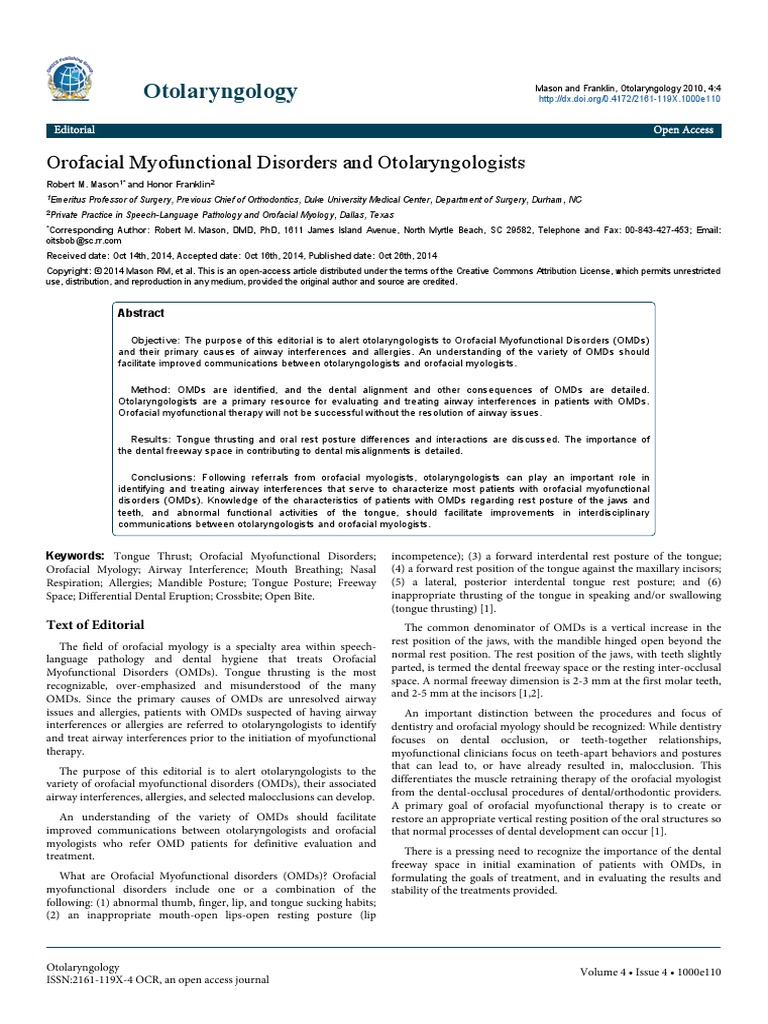 Orofacial Myofunctional Disorders and Otolaryngologists 2161 119x ...