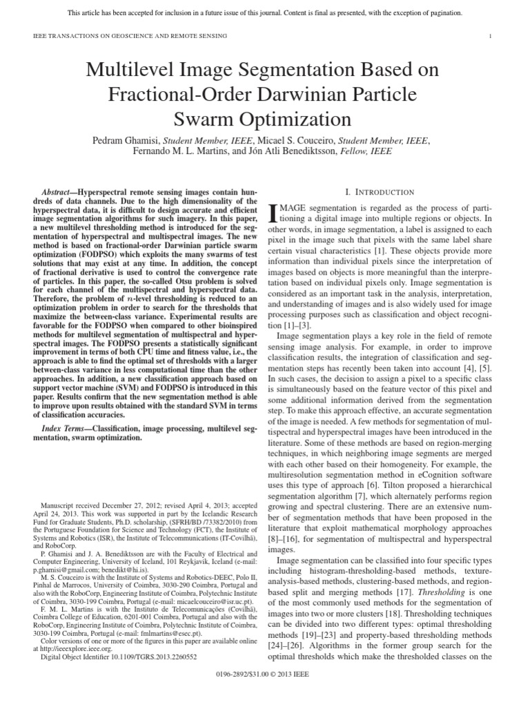 Multilevel Image Segmentation Based On Fractional-Order Darwinian Particle Swarm Optimization ...