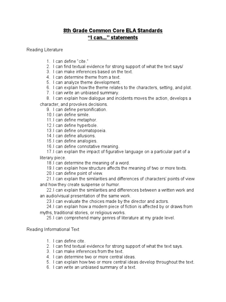 8th Grade Common Core ELA Standards "I Can... " Statements | PDF | Verb ...