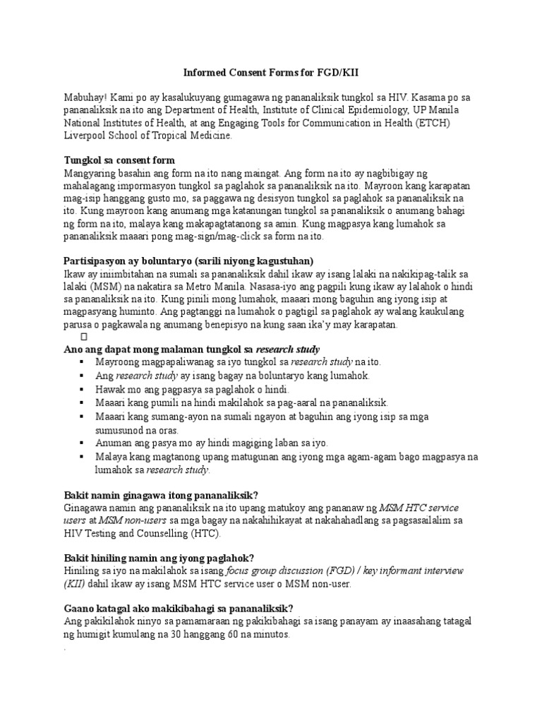 (Tagalog) Informed Consent Form For KII:FGD | PDF