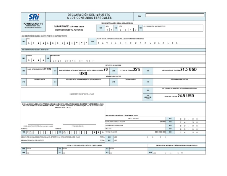 Formulario Declaración Del ICE | PDF
