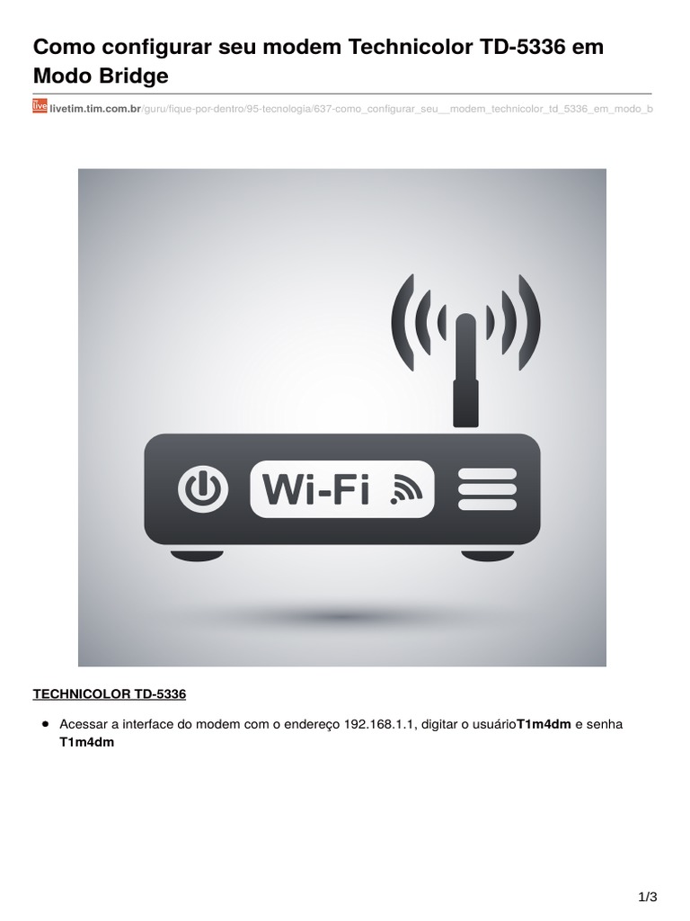 Como Configurar Seu Modem Technicolor TD-5336 em Modo Bridge | PDF