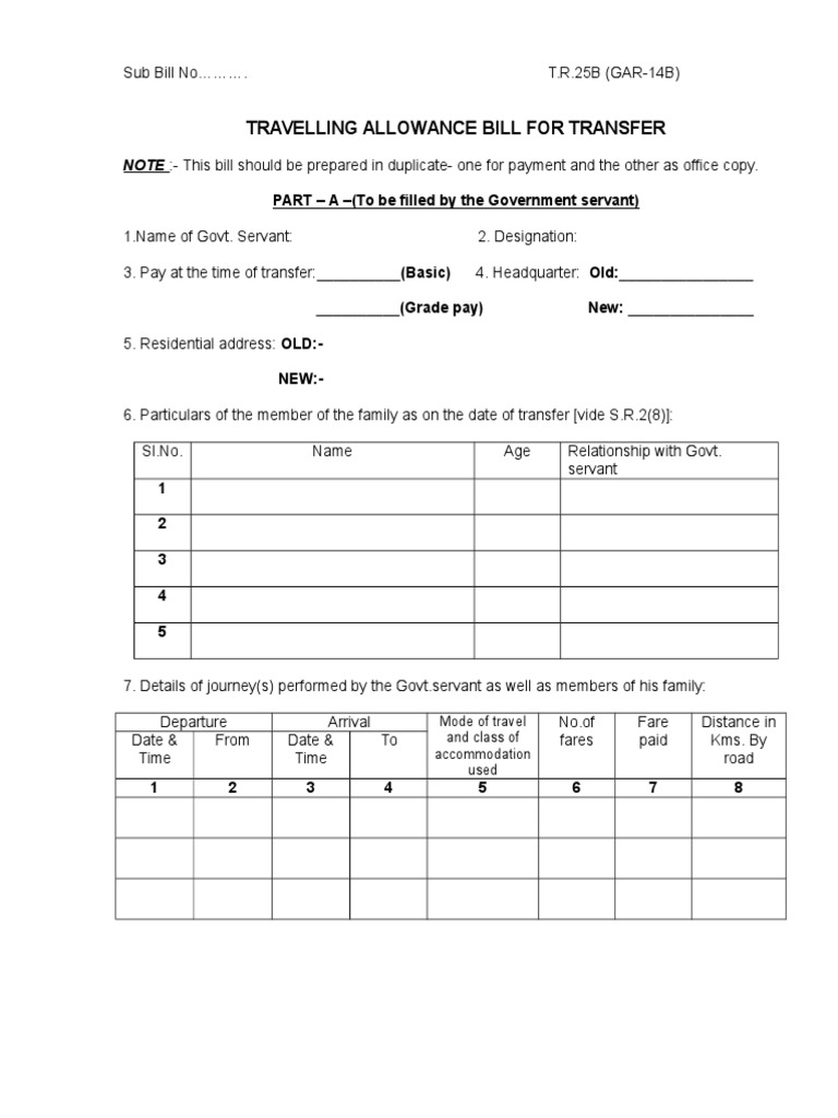 Travelling Allowance Bill For Transfer | PDF