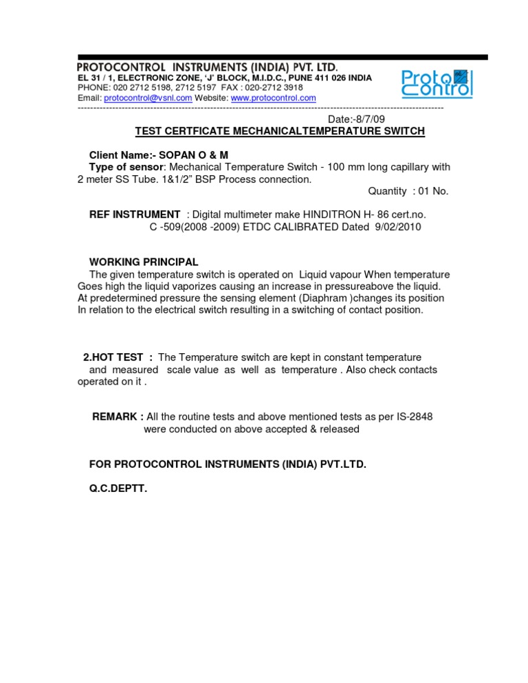 Mechanical Temperature Switch Test Certificate | PDF