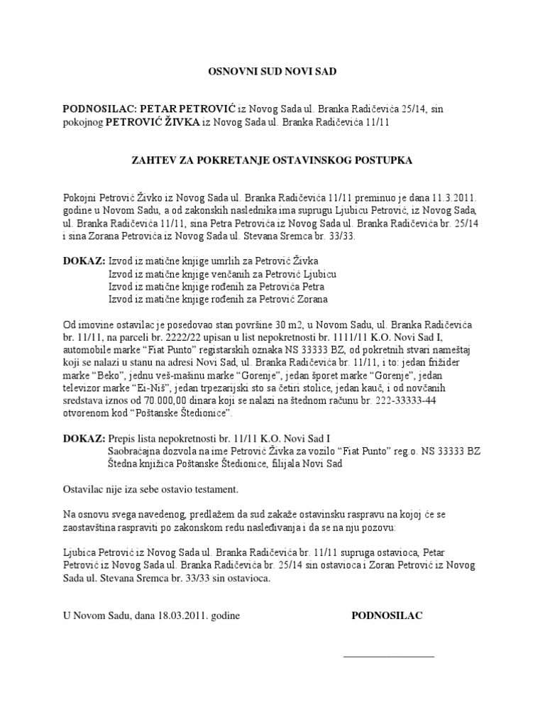 Zahtev Za Pokretanje Ostavinskog Postupka PDF | PDF