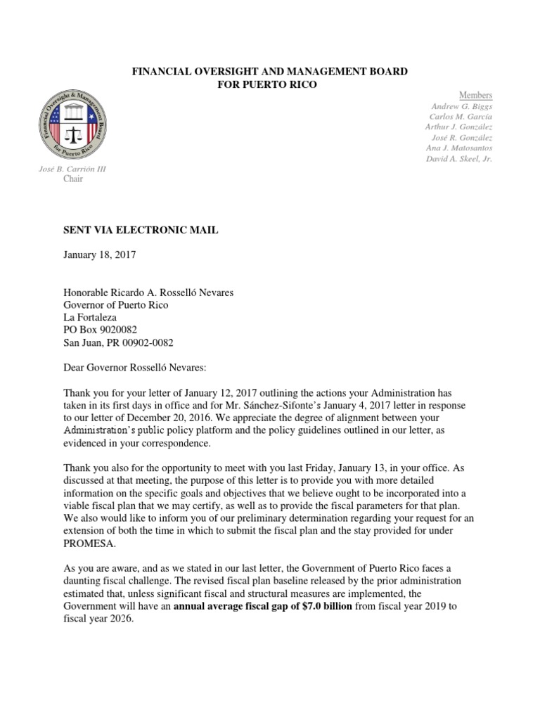 Letter and Attachments for the Governor of Puerto Rico, Ricardo ...
