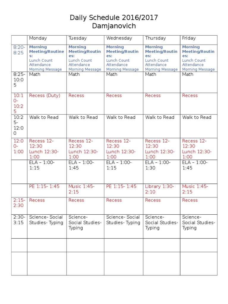 Elementary School Daily Schedule | PDF