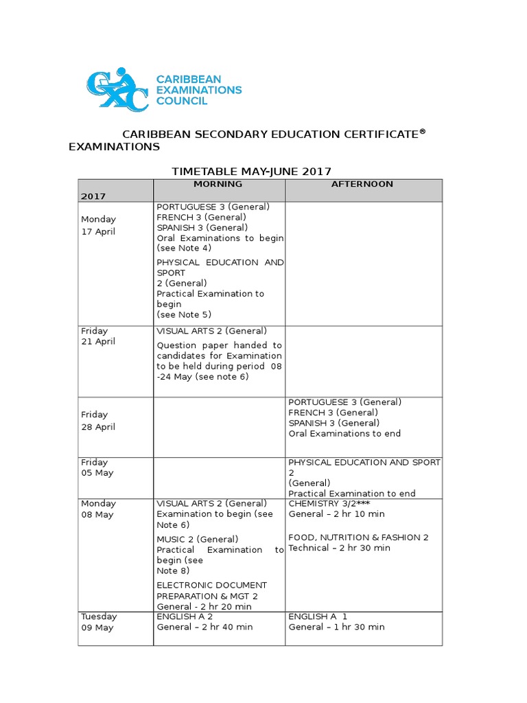 Timetable CSEC 2017may - June | Download Free PDF | Test (Assessment ...