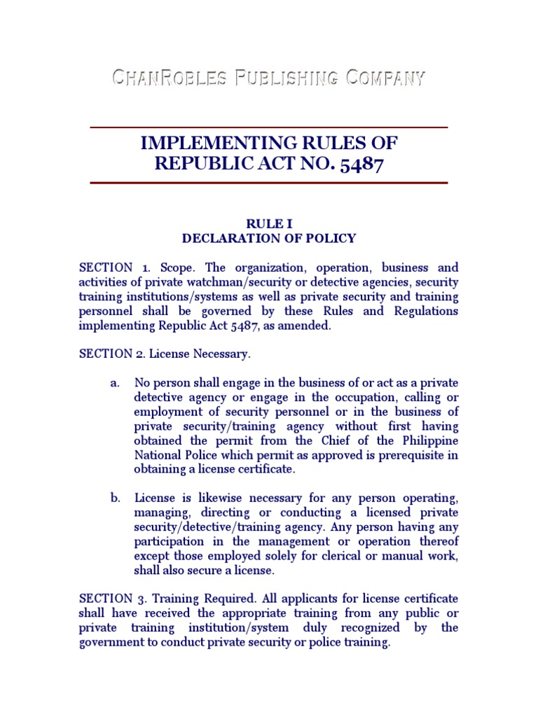 Implementing Rules of Republic Act No. 5487 | PDF | Security Guard ...