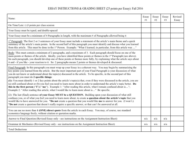 ESSAY INSTRUCTIONS & GRADING SHEET (25 Points Per Essay) : Fall 2016 ...
