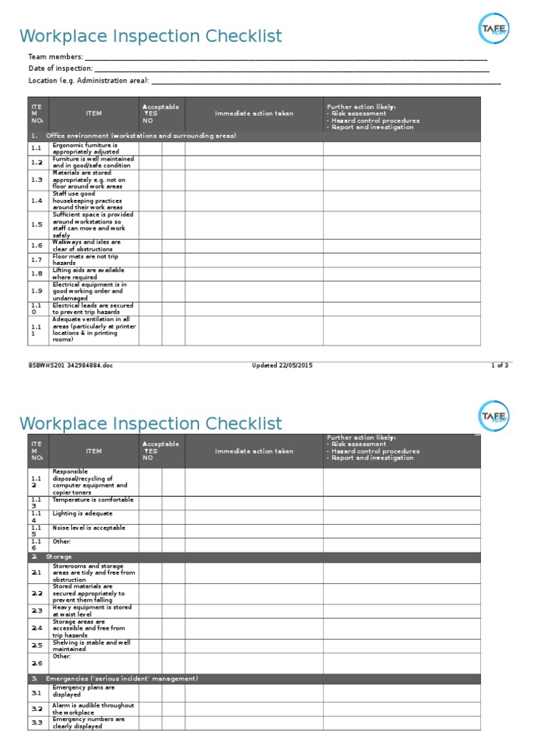 BSBWHS201 - Assessment Event 2 - Workplace Inspection Checklist | PDF ...