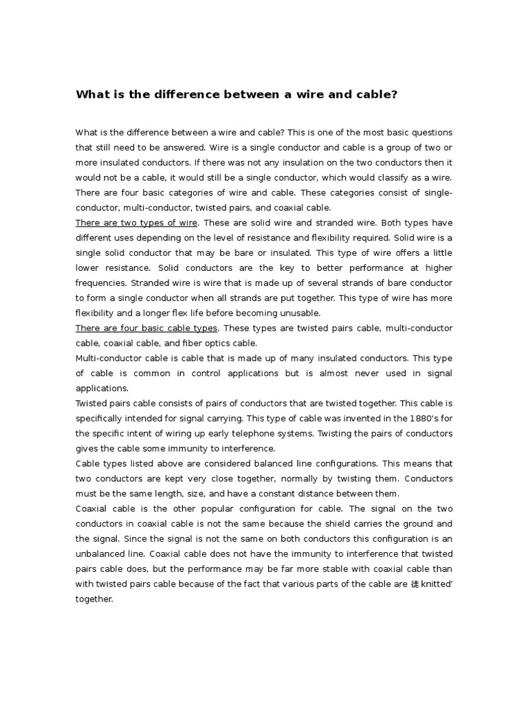 Wire vs Cable: Key Differences Explained | PDF | Cable | Wire