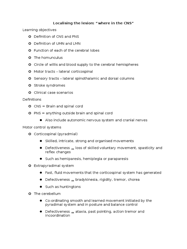 Localising The Lesion Handout Kate | PDF | Spinal Cord | Central ...