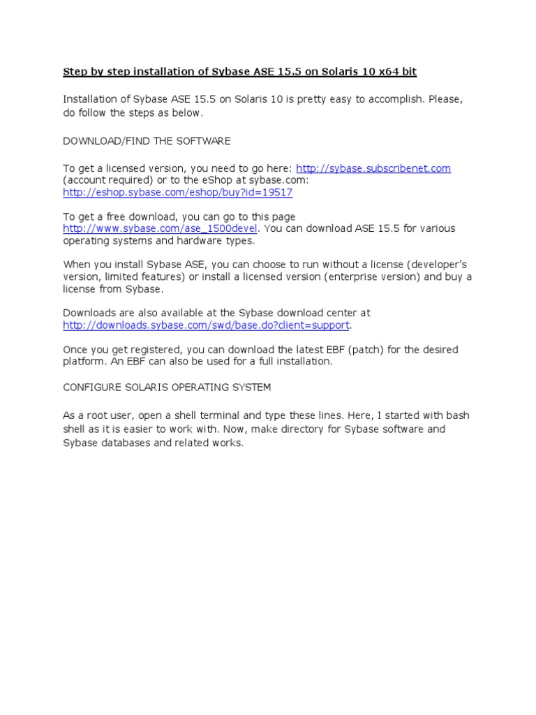 Install Sybase ASE 15.5 Solaris 10 64-bit | PDF | Installation (Computer Programs) | Computer File