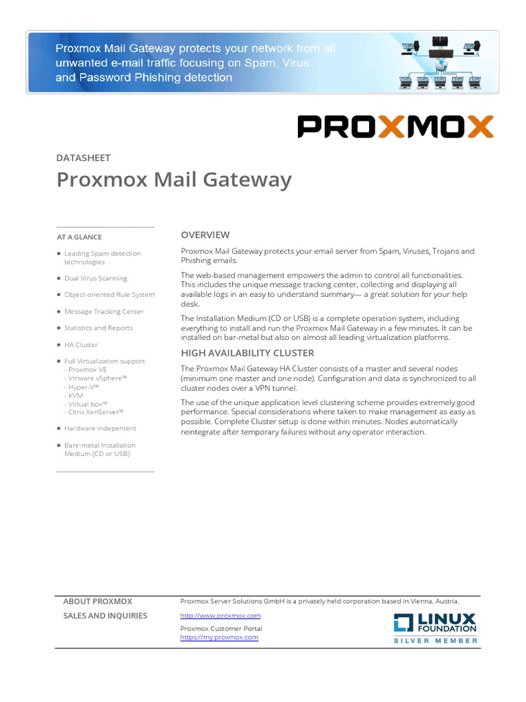 Proxmox Mail Gateway 4.1 Datasheet | PDF | Computer Virus | Email Proxmox Mail Gateway 4.1 Datasheet | PDF | Computer Virus | Email