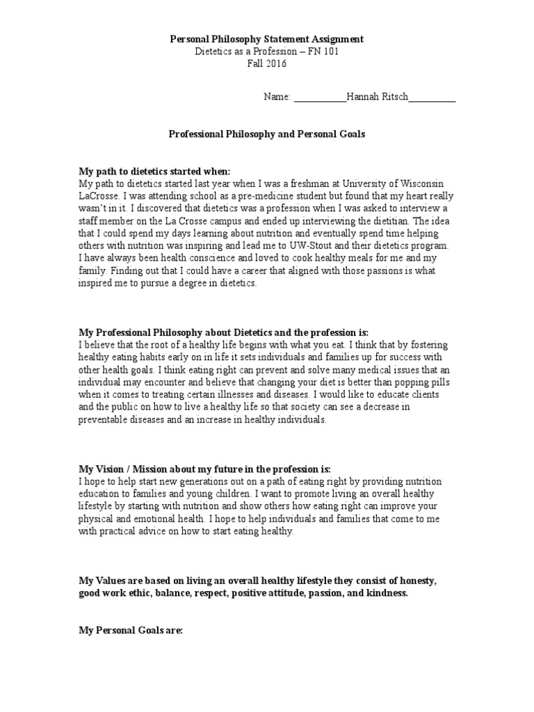 personal philosophy statement assignment 2016 | Dietitian | Health Care