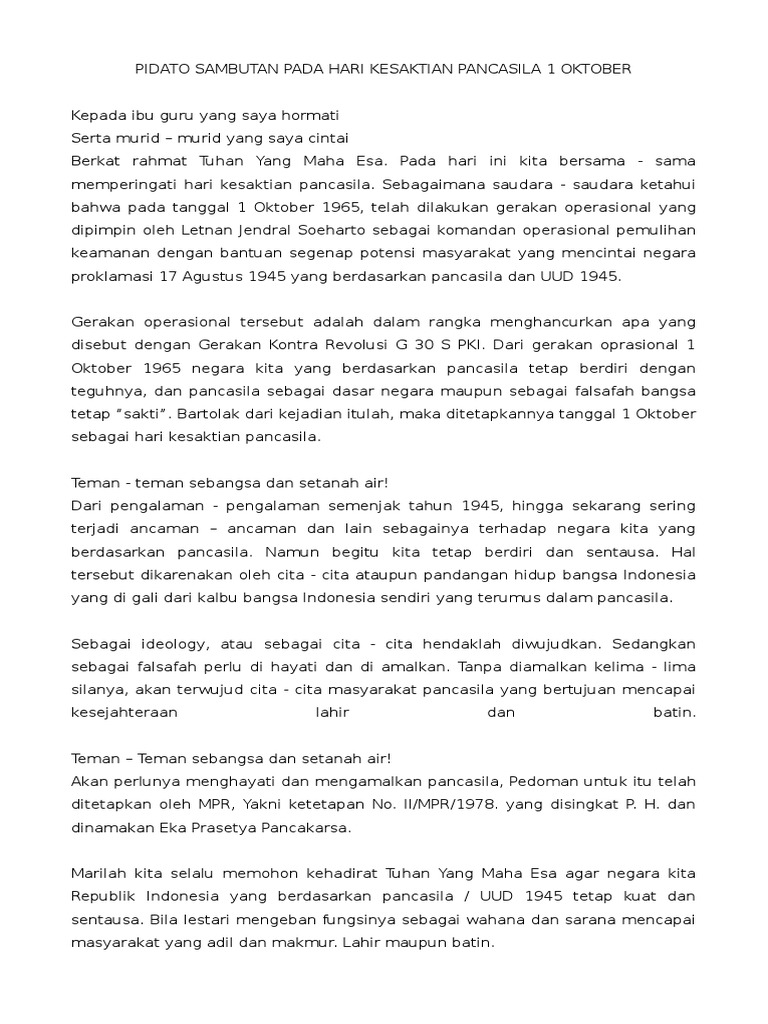 Pidato Sambutan Pada Hari Kesaktian Pancasila 1 Oktober | PDF