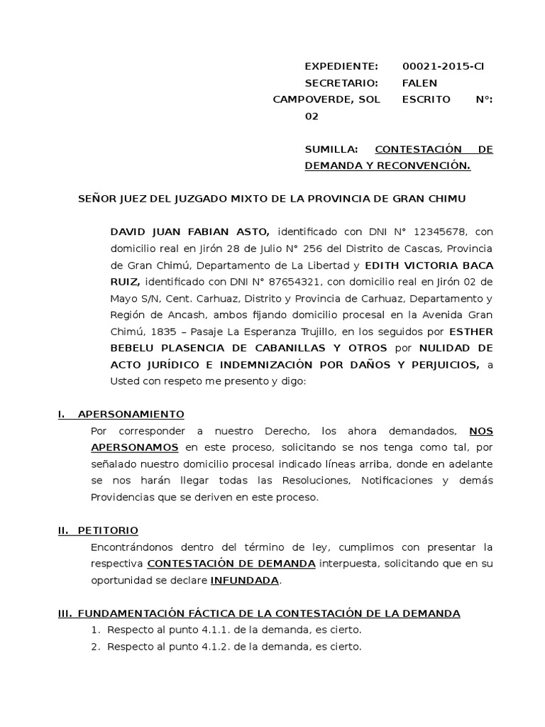 Contestación de Demanda y Reconvención | PDF | Demanda judicial ...