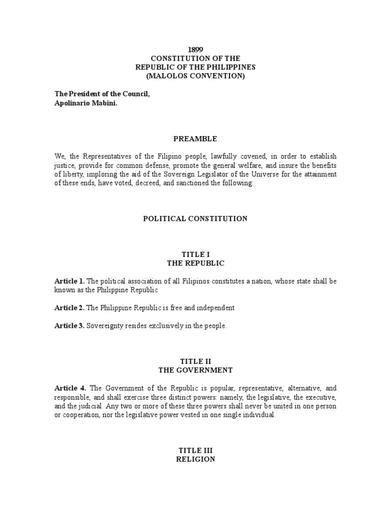 1899 Constitution of the Republic of the Philippines (Malolos ...
