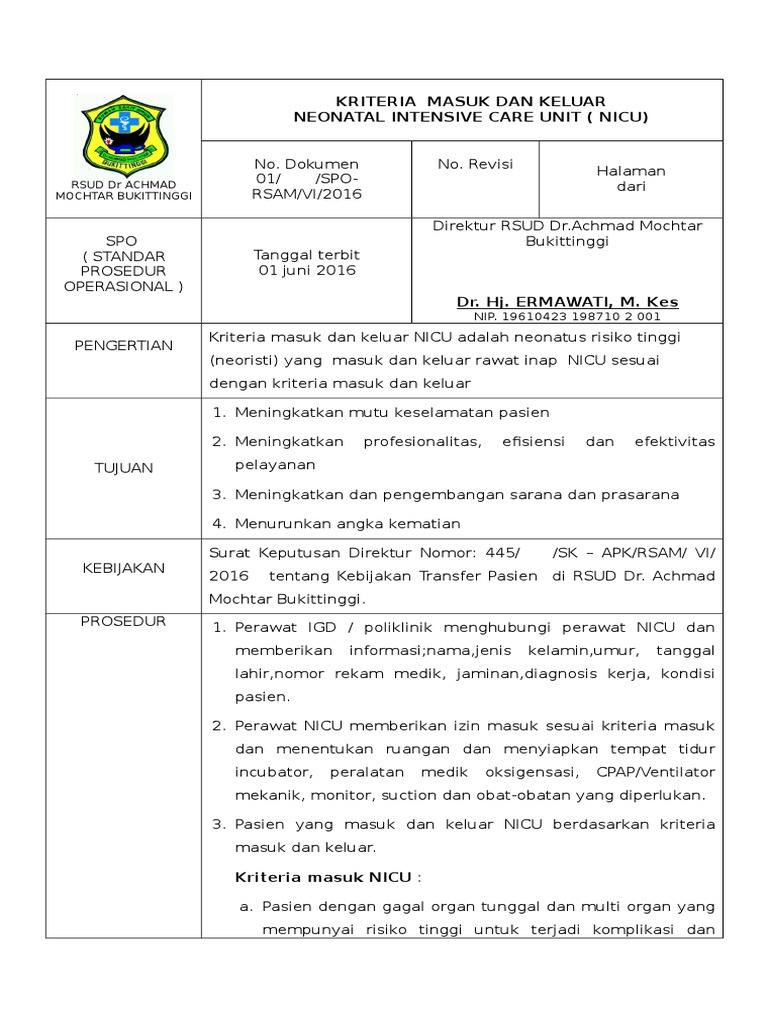 Spo Kriteria Masuk Dan Keluar Hcu | PDF