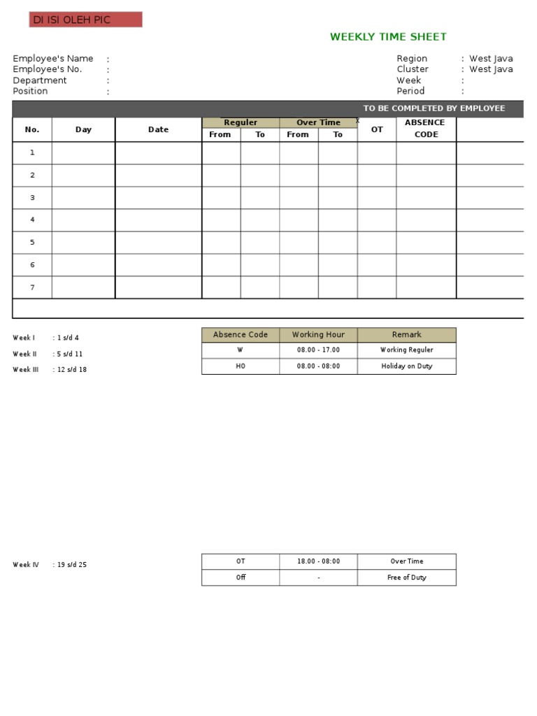 Di Isi Oleh Pic: Weekly Time Sheet | PDF