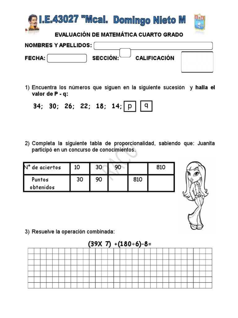 Prueba de Matematica 4to Grado | PDF | Ocio