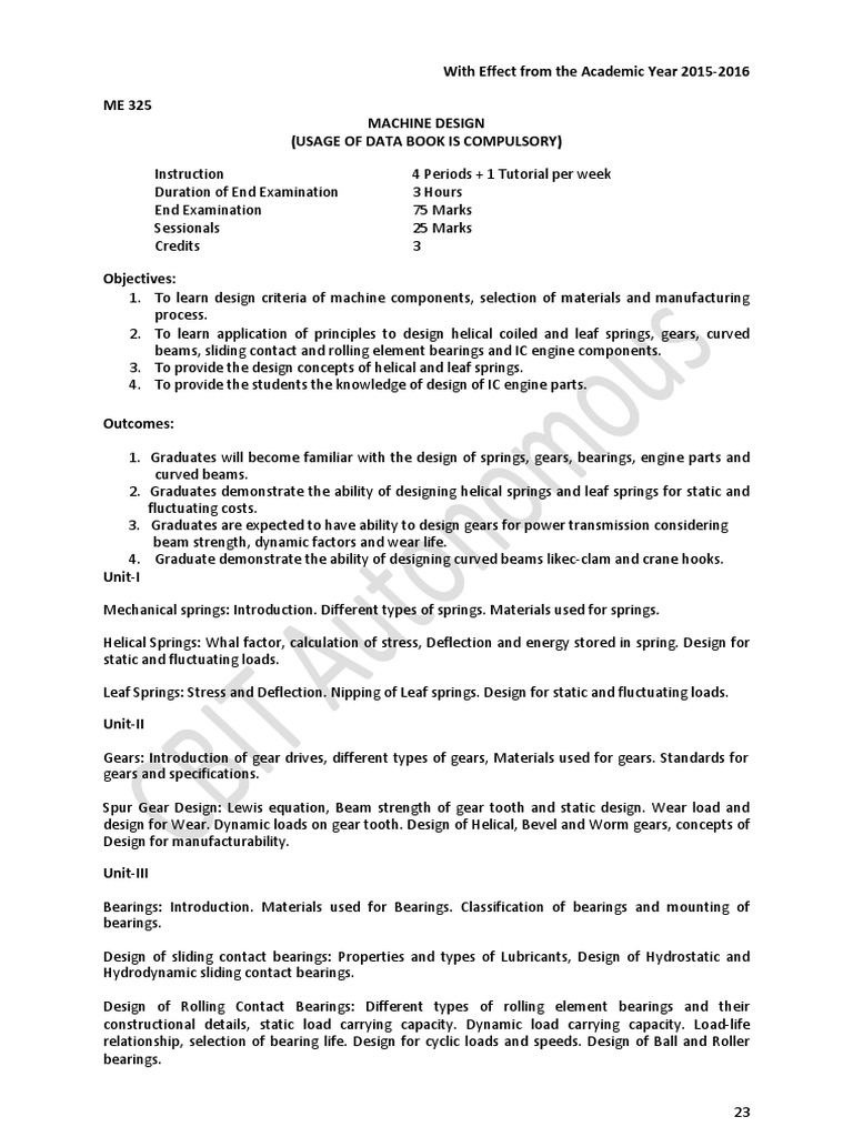 Machine Design Syllabus | Download Free PDF | Gear | Bearing (Mechanical)