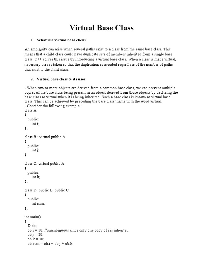 Virtual Base Class Inheritance Object Oriented Programming C 