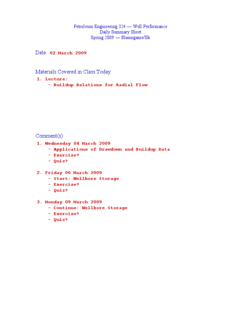 Date:: Petroleum Engineering 324 - Well Performance Daily Summary Sheet ...