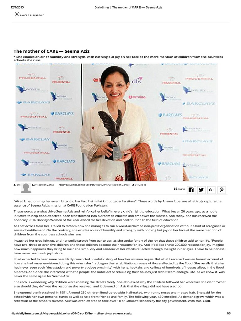 Dailytimes - The Mother of CARE - Seema Aziz | PDF | Globalization